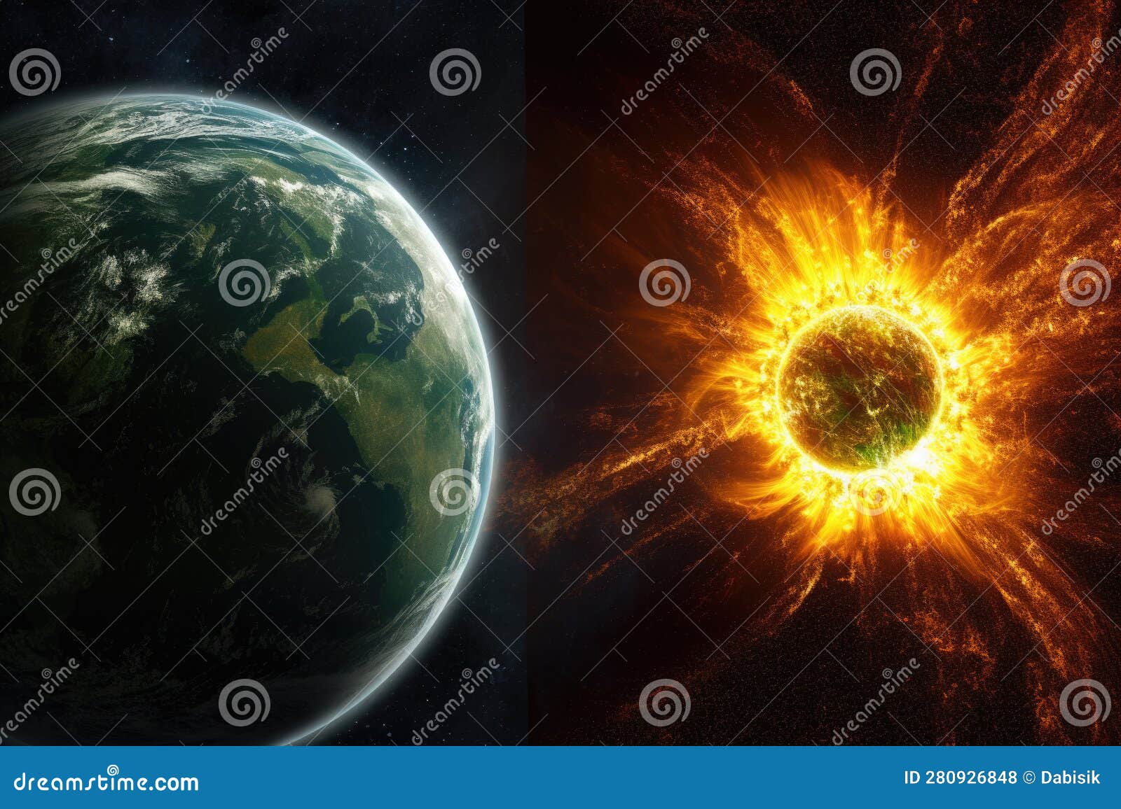 Planet Near Star in Outer Space. Solar Wind and Radiation. Generative ...