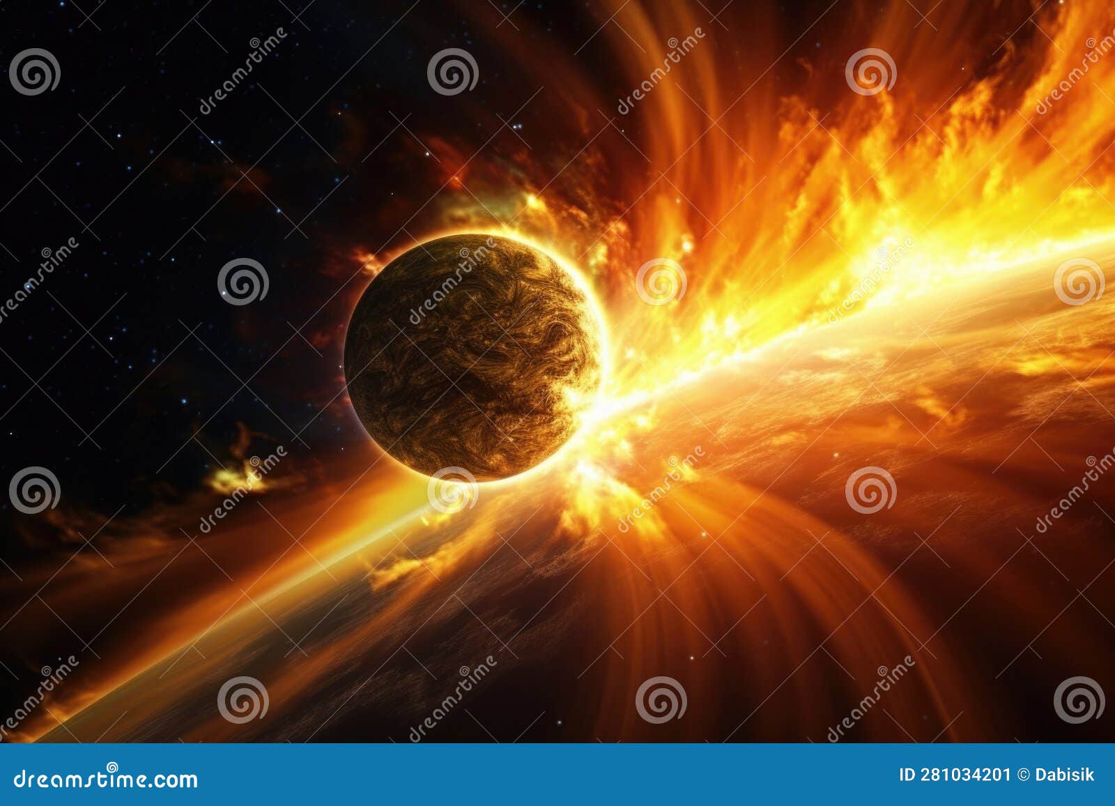 Planet Near Star in Outer Space. Solar Wind and Radiation. Generative ...