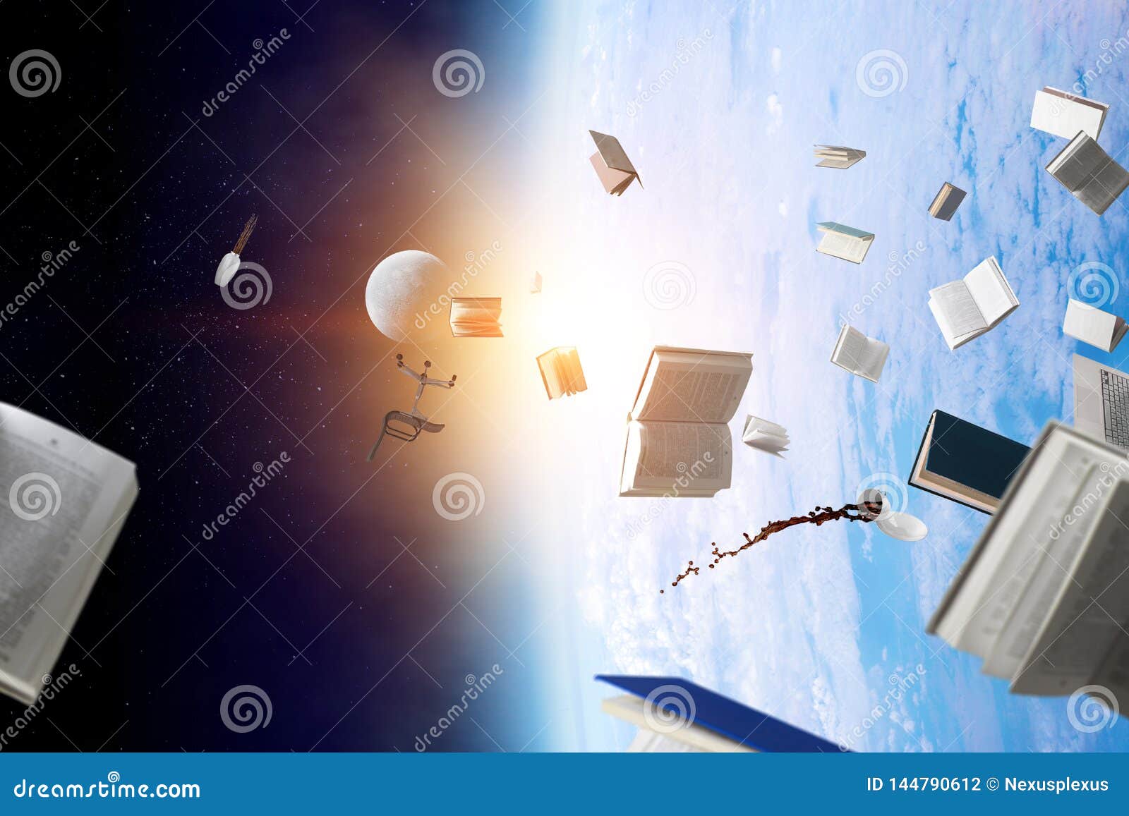 Planet Orbit with Office Stuff Flying Around Stock Photo - Image of ...