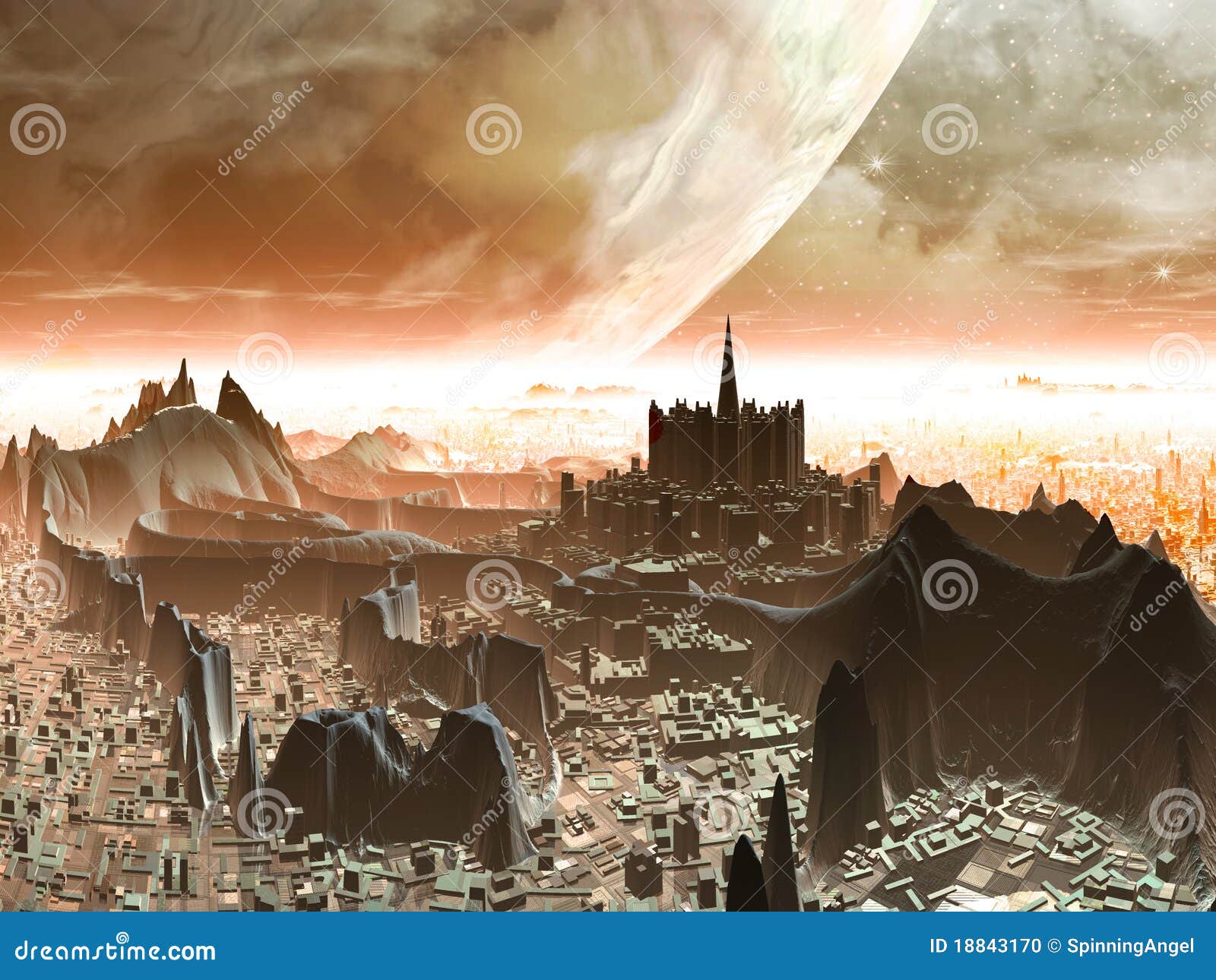 Planet-rise Over Futuristic Alien Metropolis Stock Illustration ...
