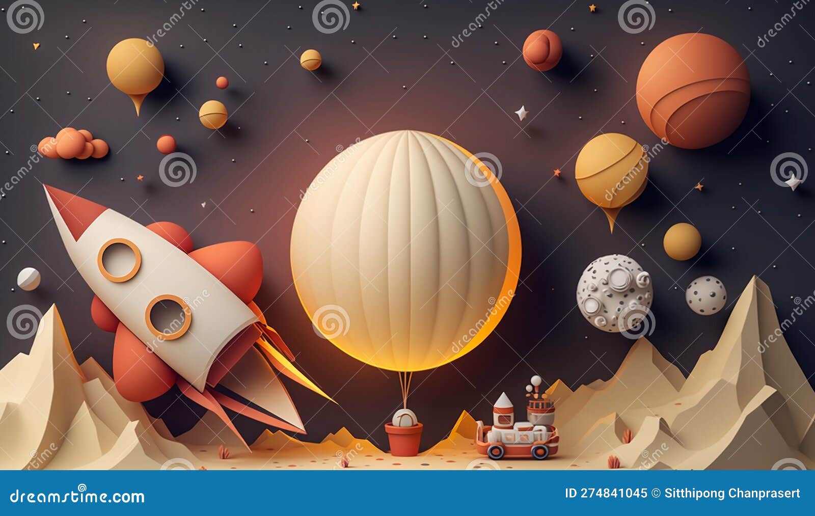 Planet and Rocket on Landscape in Paper Art Design. Created Using ...