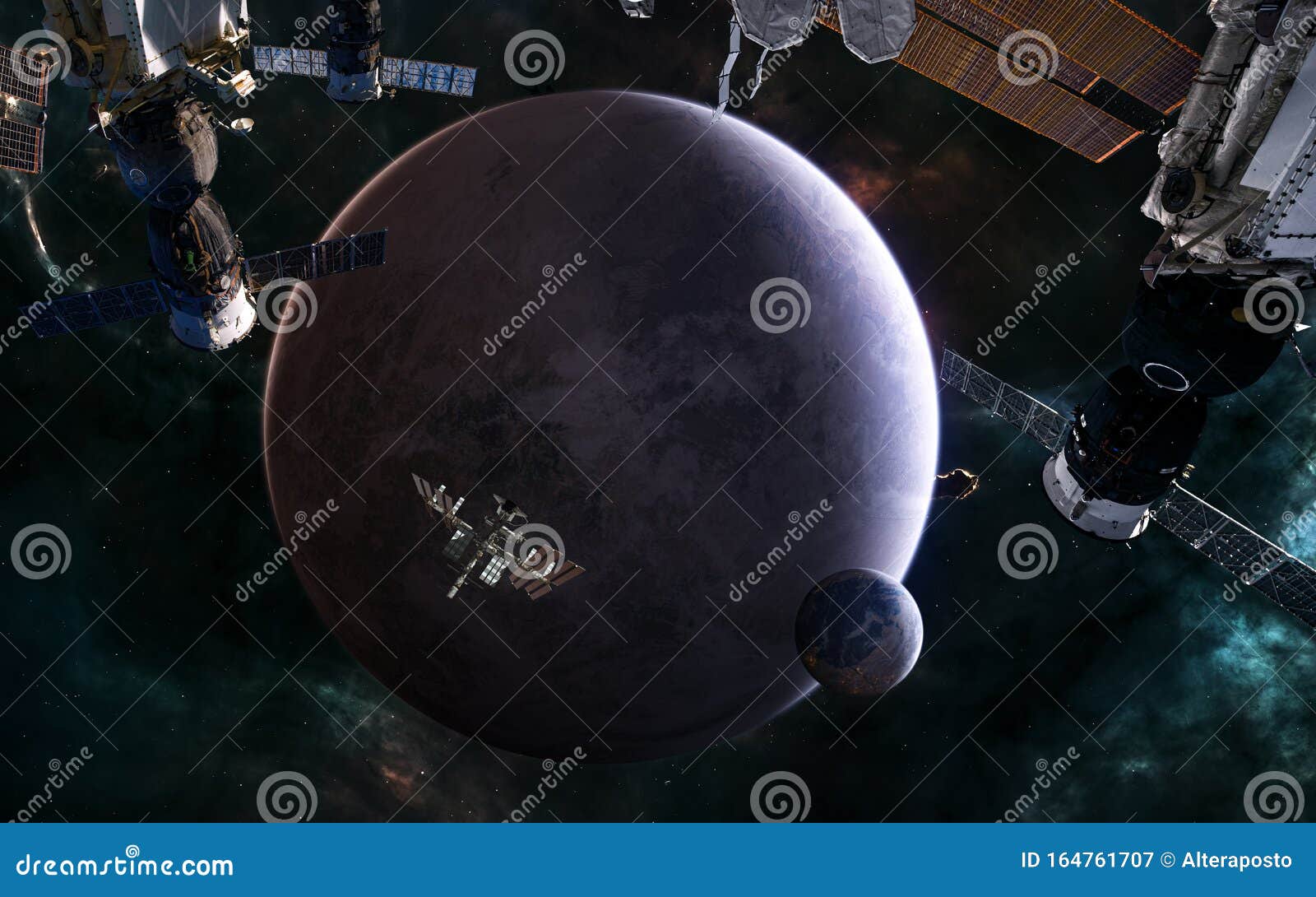 Planet And Satellite In Deep Space. Space Stations On Background Of ...