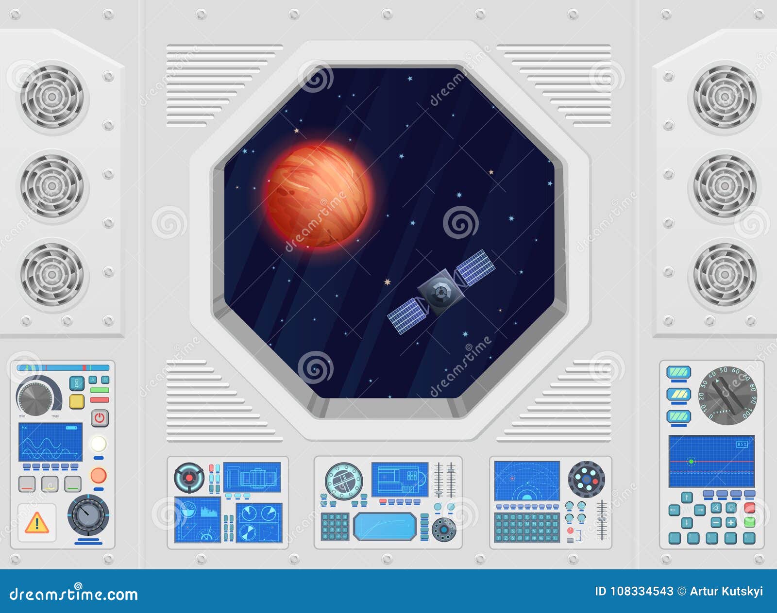 Planet and Satellite through Modern Spaceship Window with Technical ...