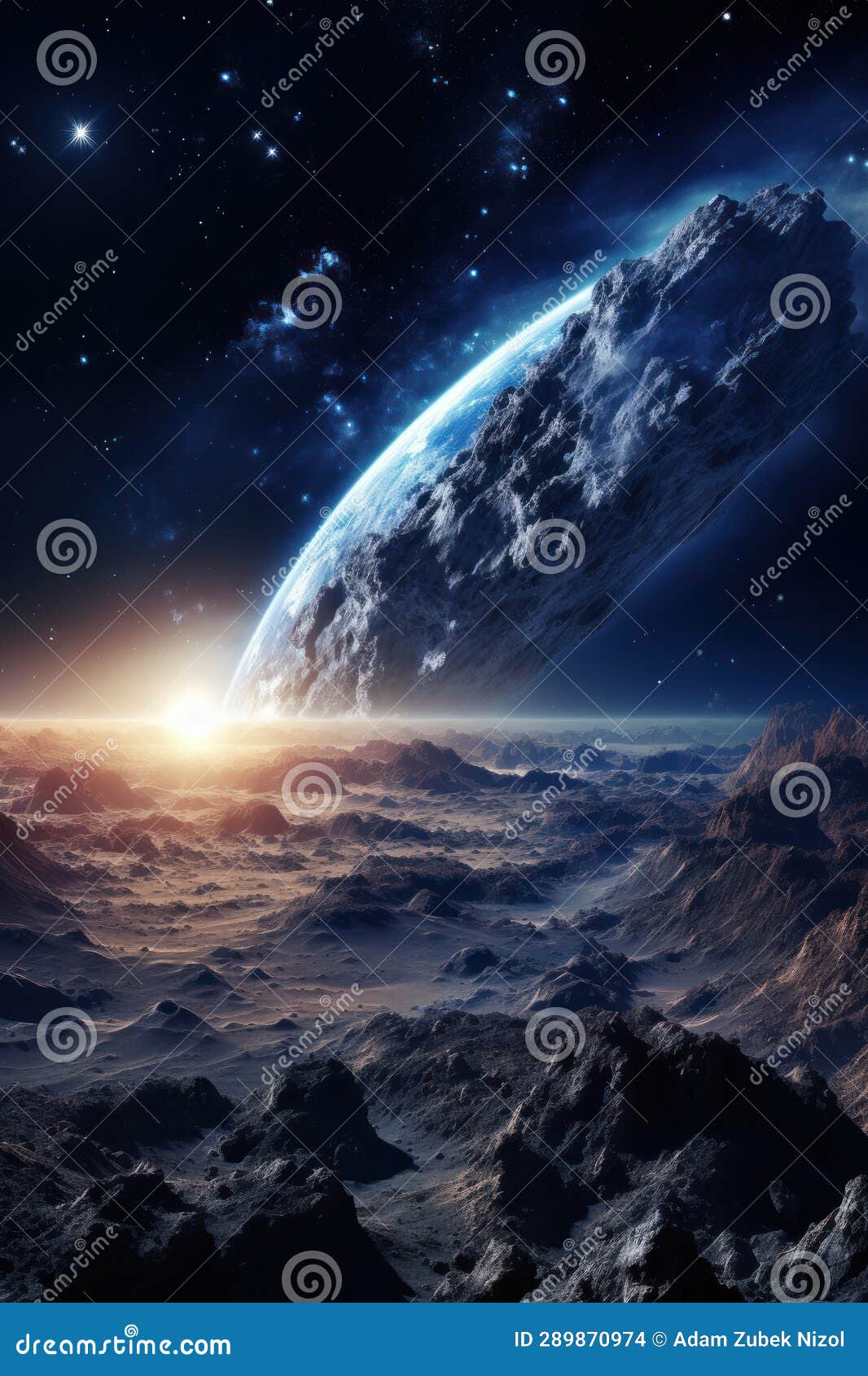 A Planet in Space with a Bright Light Stock Illustration - Illustration ...