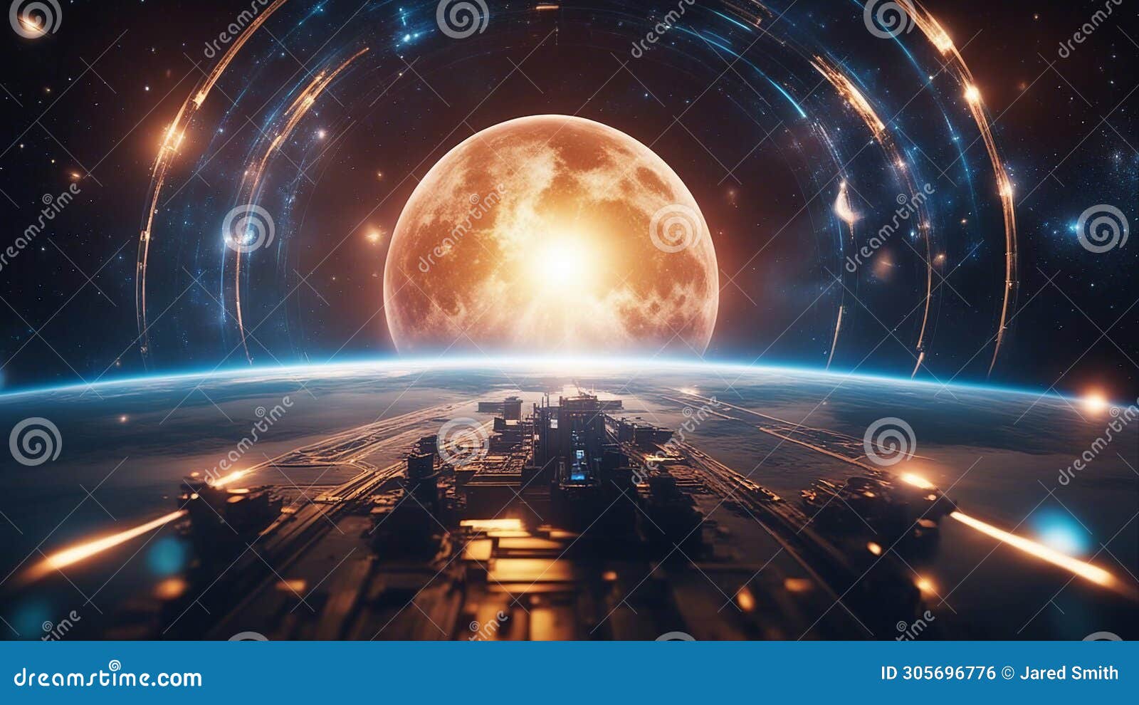 The Planet in the Space Space and Galaxy Light Speed Travel. Stock ...