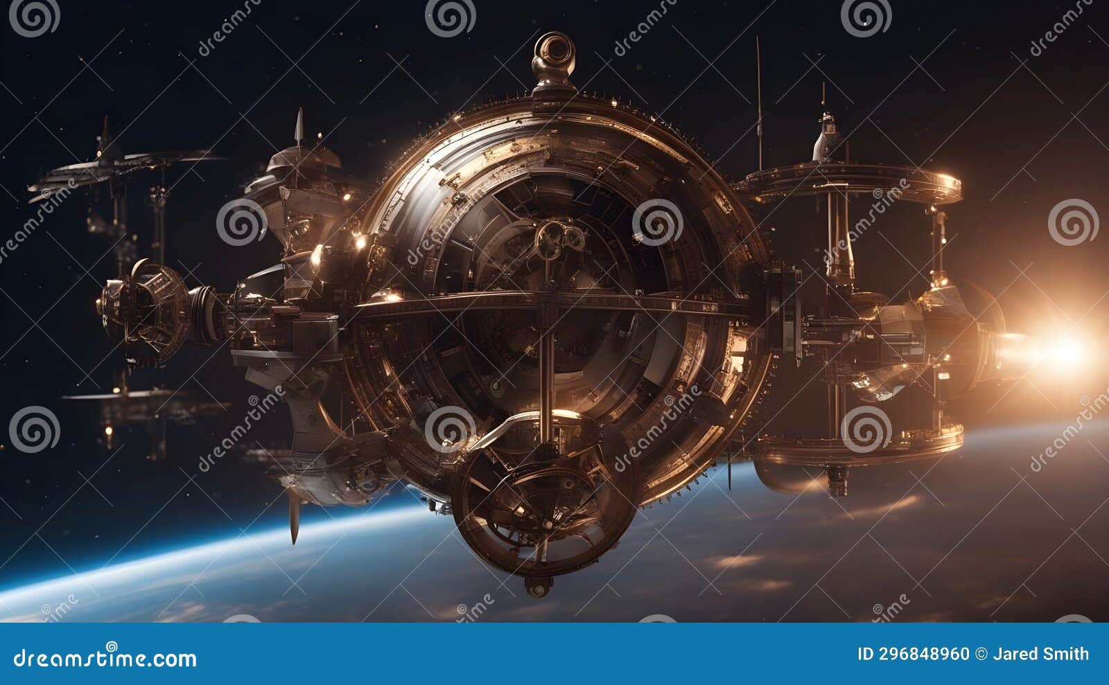 Planet in Space a Steampunk, Space Satellite Orbiting the Earth Stock ...