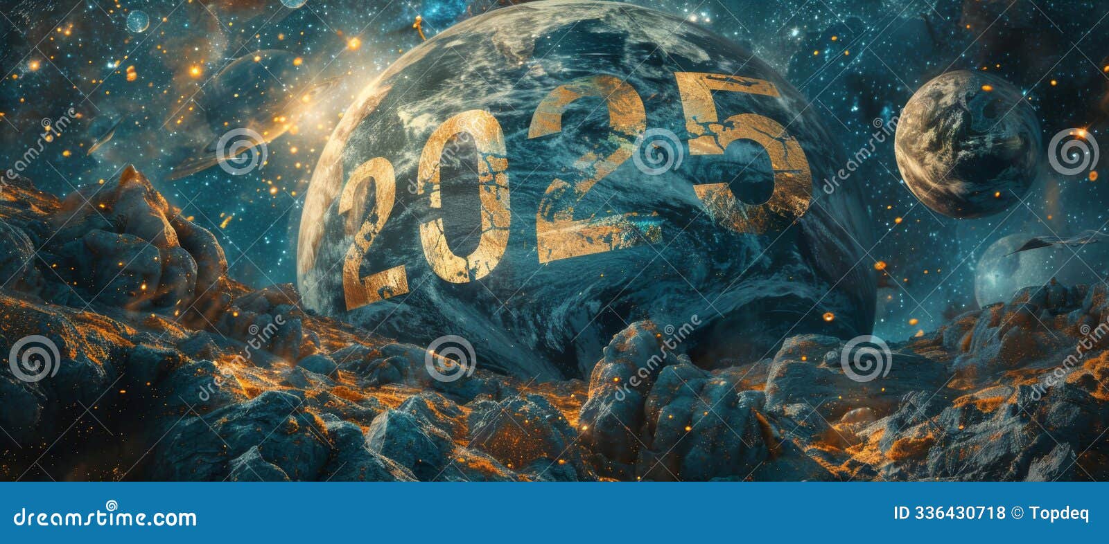 Planetary Landscape With The Golden Year 2025 In Space Theme Ney Year ...