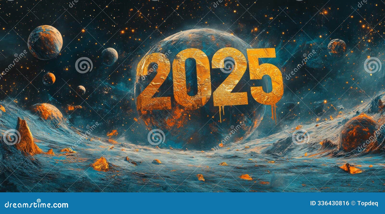 Planetary Landscape with the Golden Year 2025 in Space Theme Ney Year ...