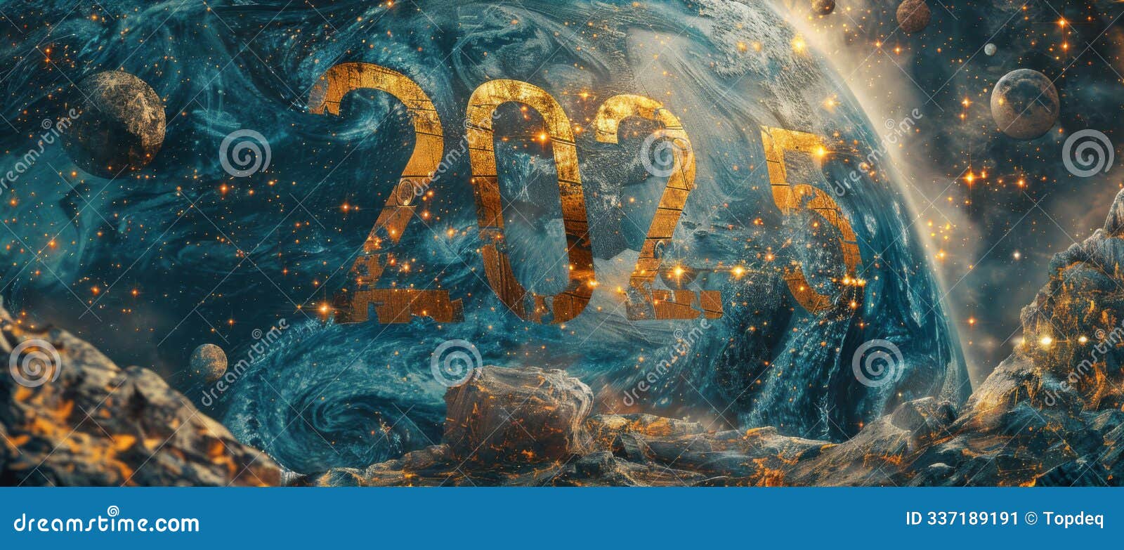 Planetary Landscape With The Golden Year 2025 In Space Theme Ney Year ...