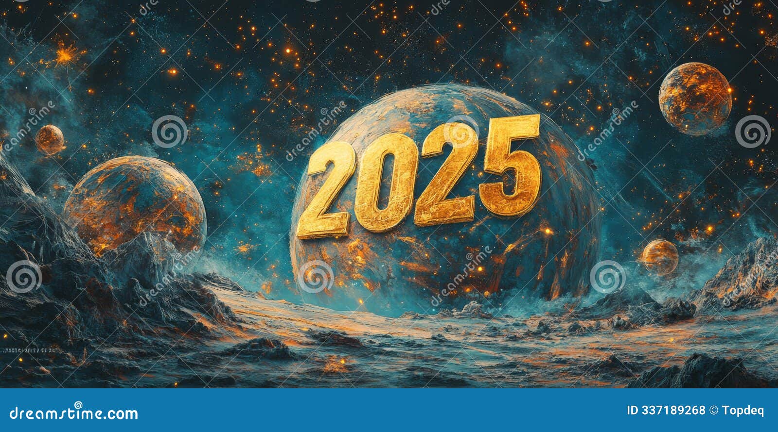 Planetary Landscape With The Golden Year 2025 In Space Theme Ney Year ...