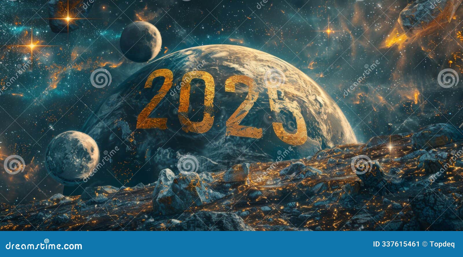 Planetary Landscape With The Golden Year 2025 In Space Theme Ney Year ...