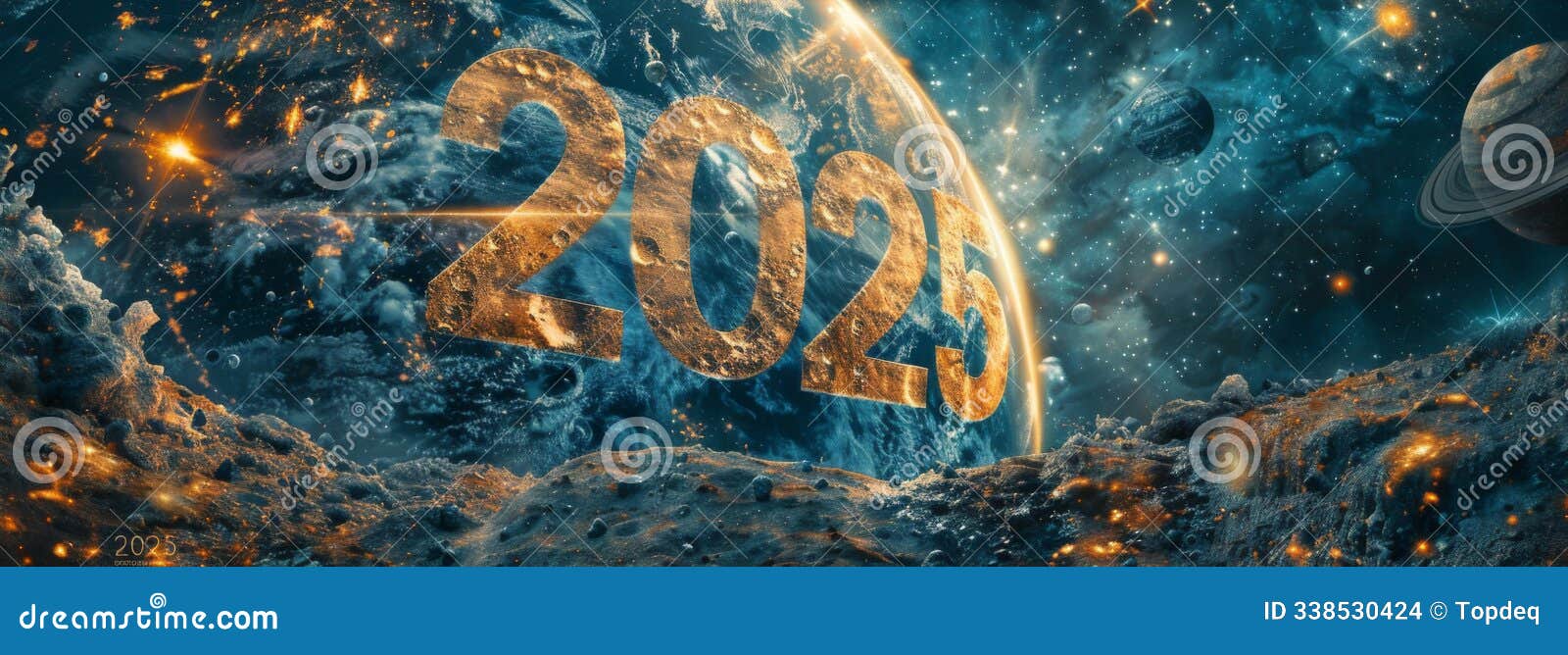 Planetary Landscape With The Golden Year 2025 In Space Theme Ney Year ...