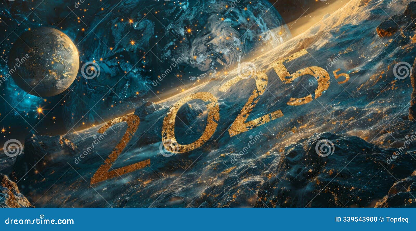 Planetary Landscape With The Golden Year 2025 In Space Theme Ney Year ...