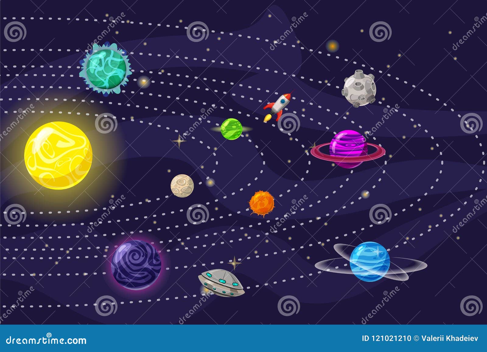 Planetary System Planets with Orbits, Colored Vector Poster, Cartoon ...