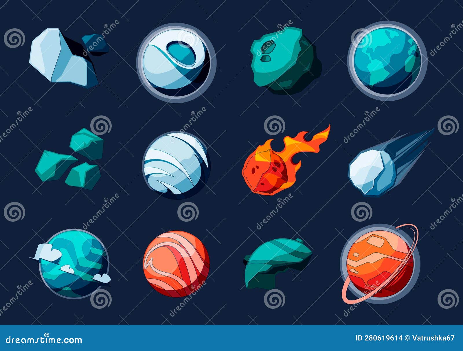 Planets and Asteroids. Sci-Fi Universe Cartoon Rock Meteorites, Funny ...