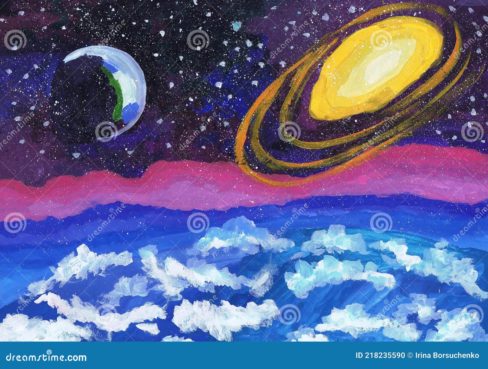 Planets and the Atmosphere of the Earth in Outer Space. Child`s Drawing ...
