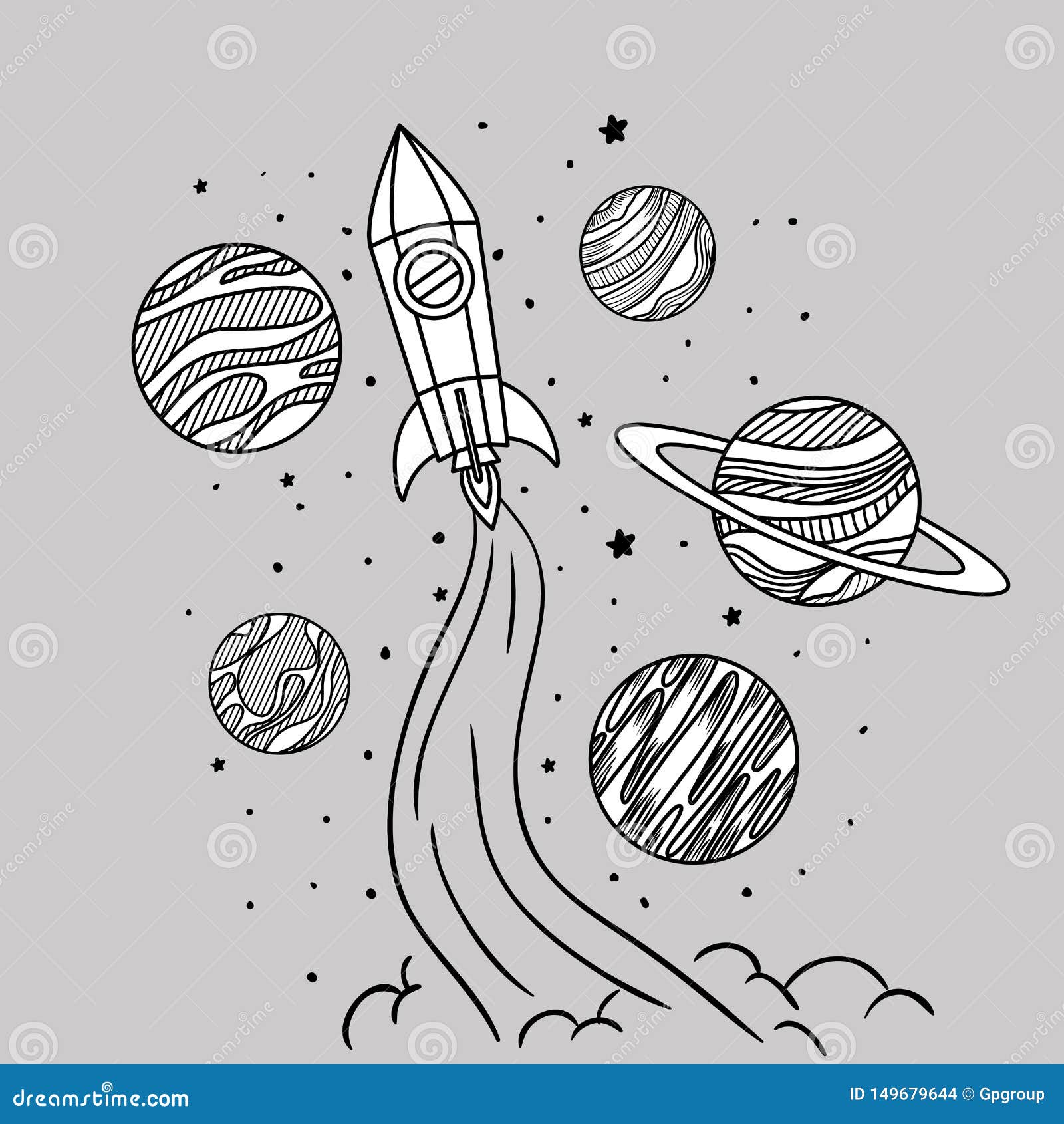 Planets Draws of Solar System and Rocket Design Stock Vector ...