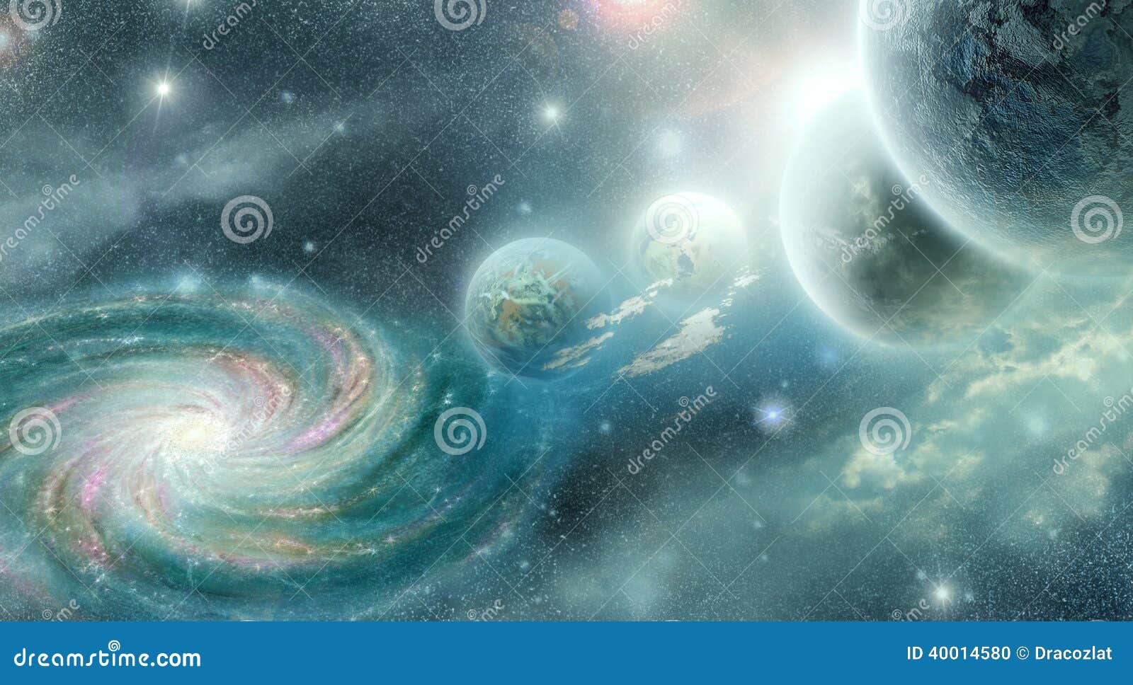 Planets and Galaxy in Cyan Blue Tones Stock Illustration - Illustration ...