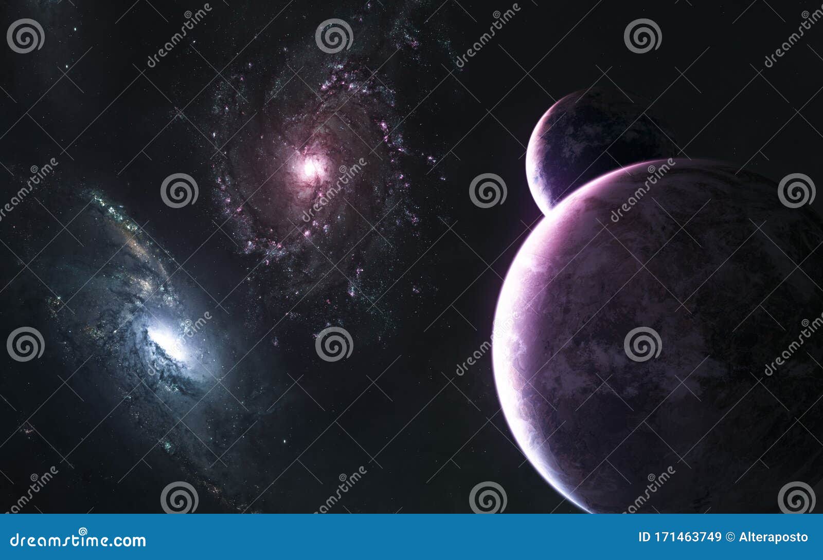 Planets in Light of Red and Blue Galaxies Somewhere in Deep Space Stock ...