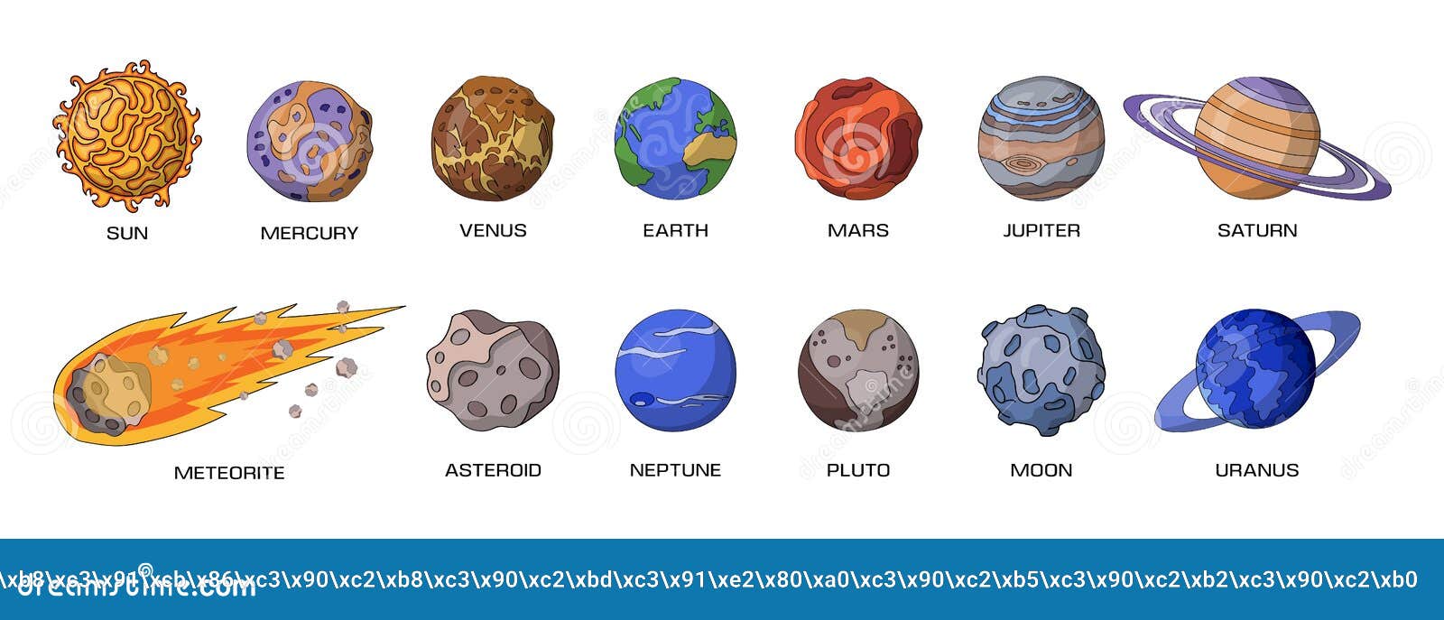 Planets and Meteorite. Solar System Elements Set. Isolated Comet or ...