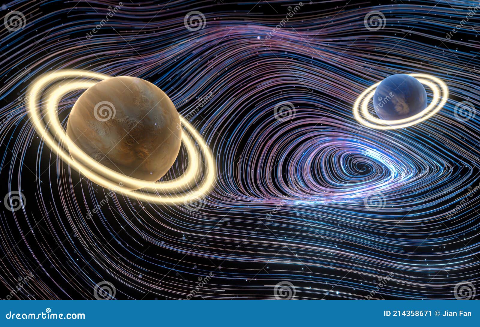 Planets with Purple Curve Vortex Lines, 3d Rendering Stock Illustration ...
