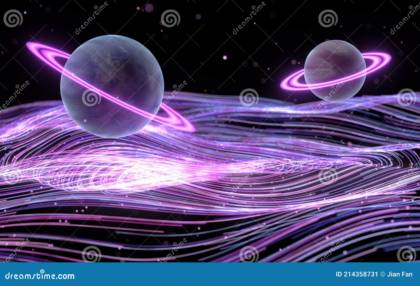 Planets with Purple Curve Vortex Lines, 3d Rendering Stock Illustration ...