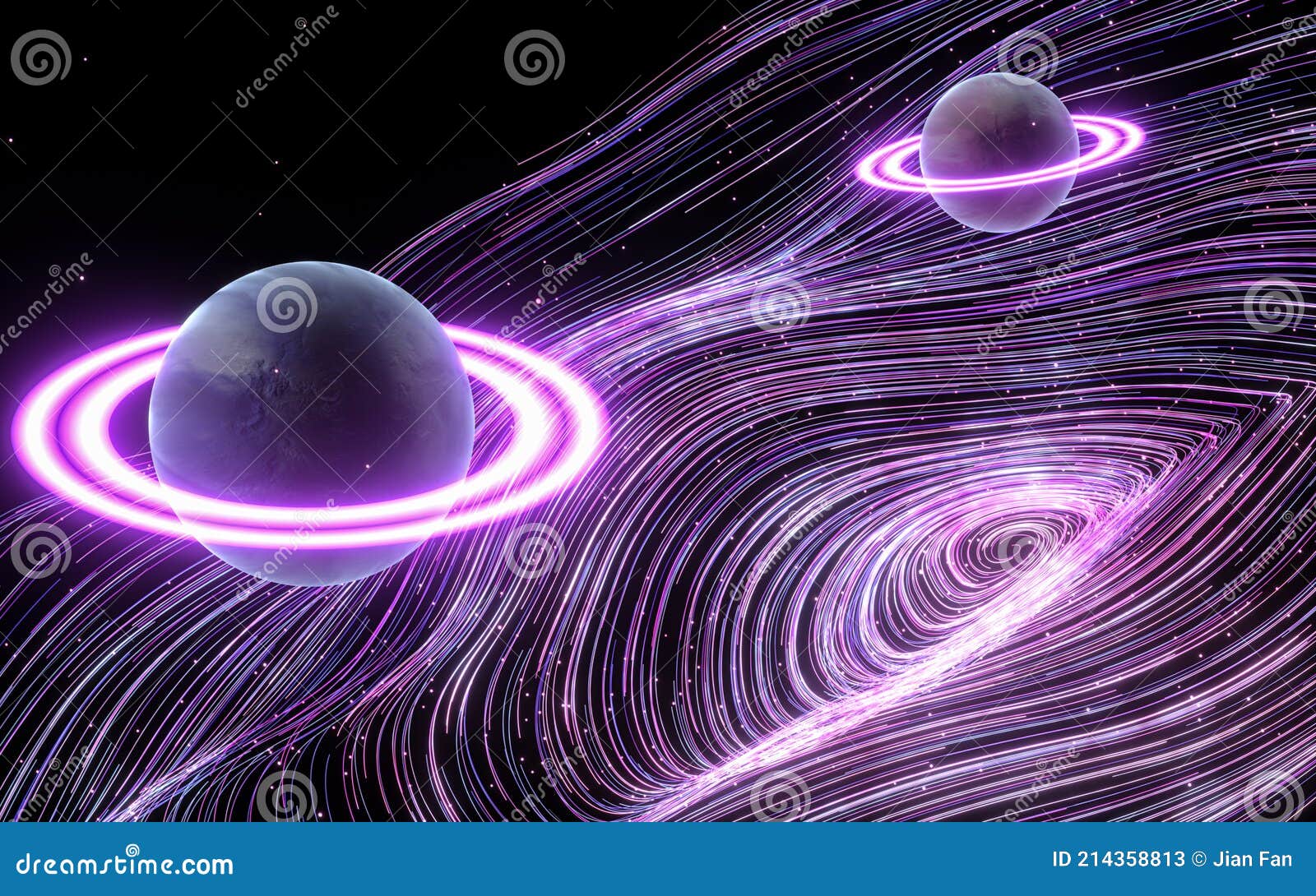 Planets with Purple Curve Vortex Lines, 3d Rendering Stock Illustration ...