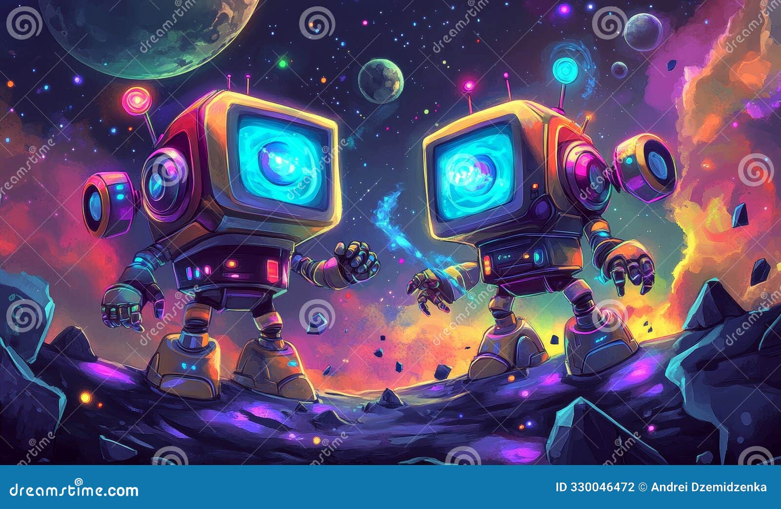 Planets and Robot Illustration on a Space Background Stock Illustration ...