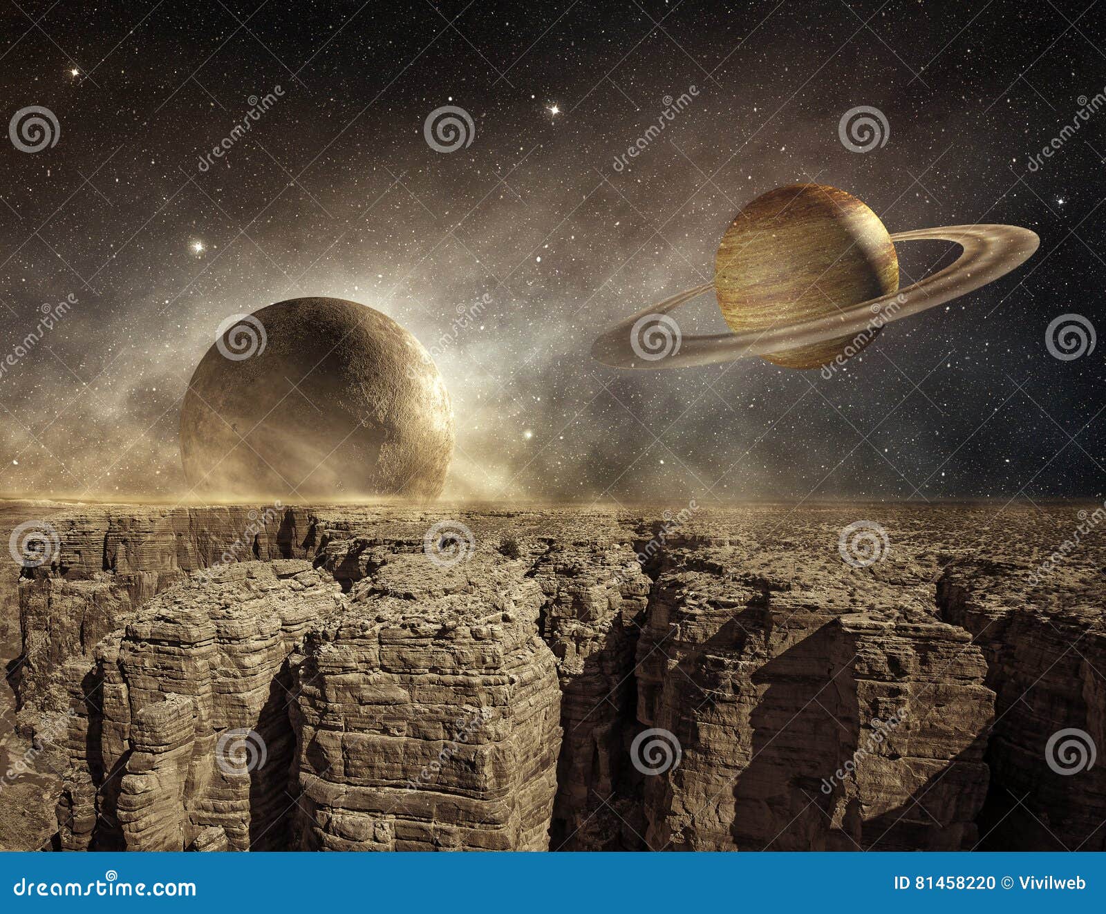 Planets in the Sky of a Barren Landscape Stock Illustration ...