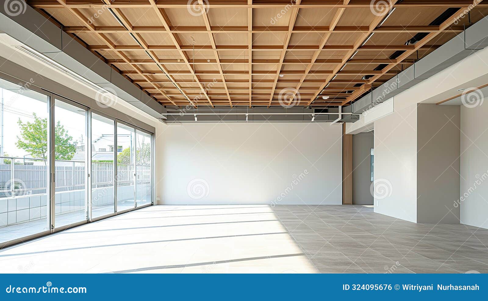 Plank Ceilings and Blank White Walls, Sunlight Enter the Room ...