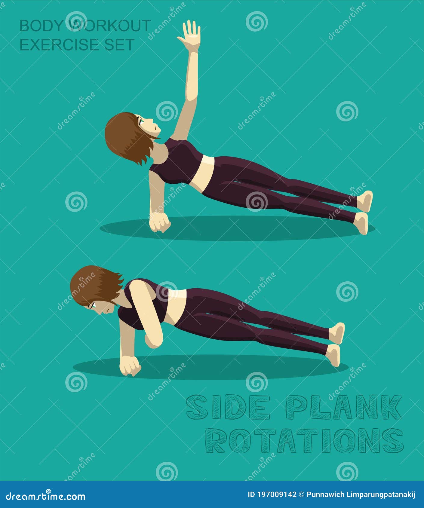 Side Plank Rotation Body Workout Exercise Set Manga Cartoon Vector ...