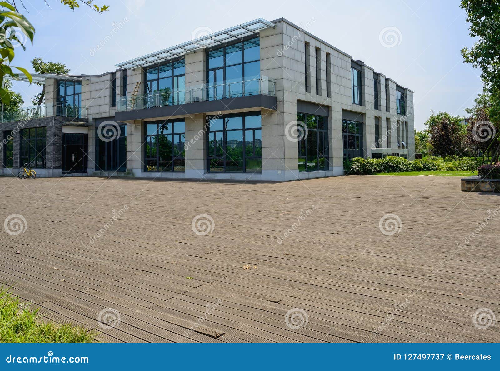 Planked Ground before Two-storied Building in Sunny Summer Stock Image ...