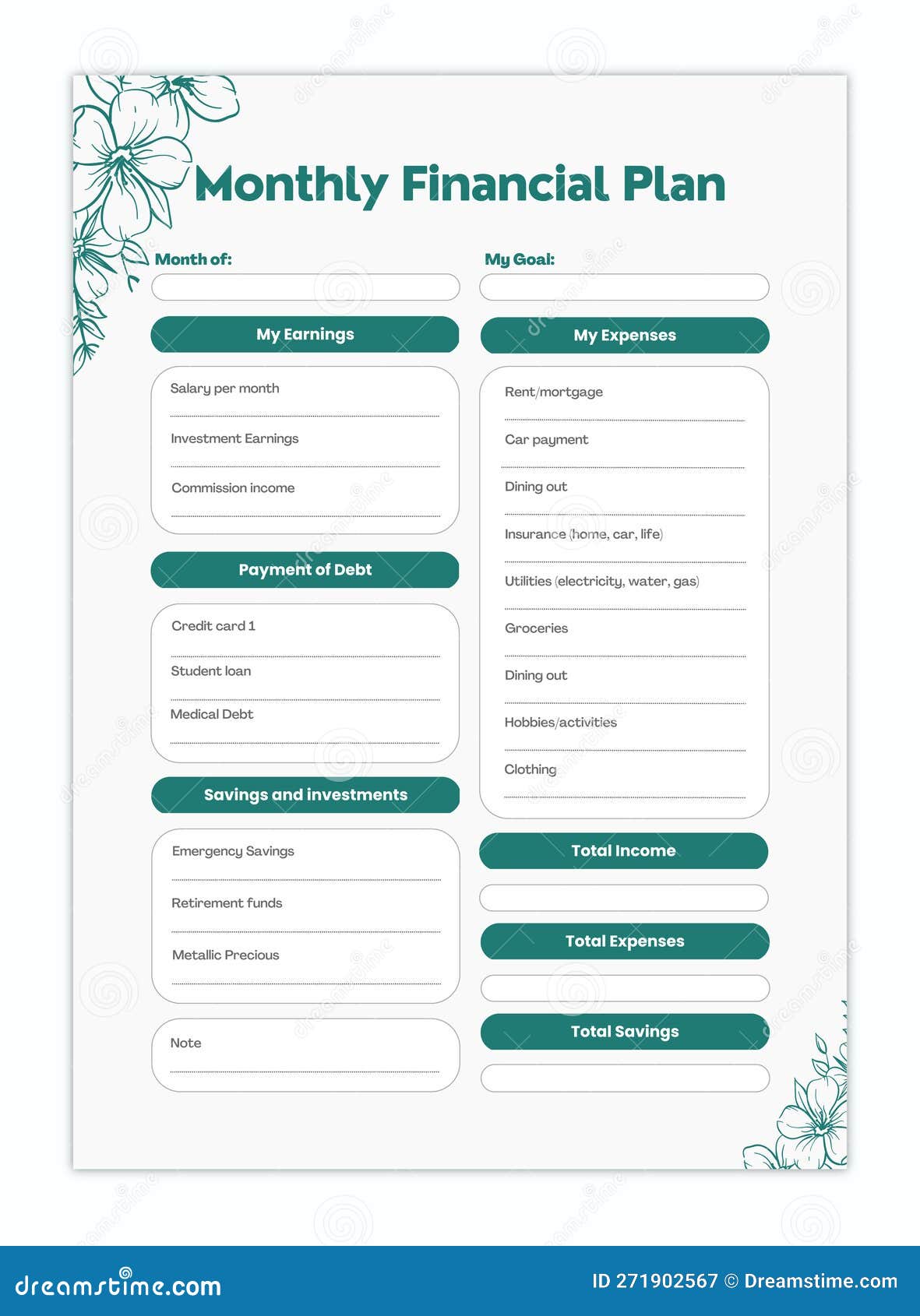 Monthly Financial Planner Template Stock Vector - Illustration of debt ...