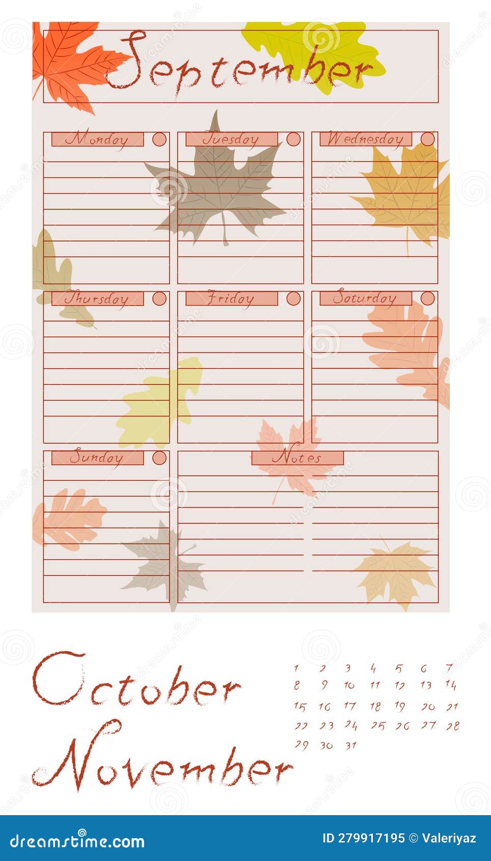 The Planner - Fall, Autumn, the Page is Divided into Days of the Week ...