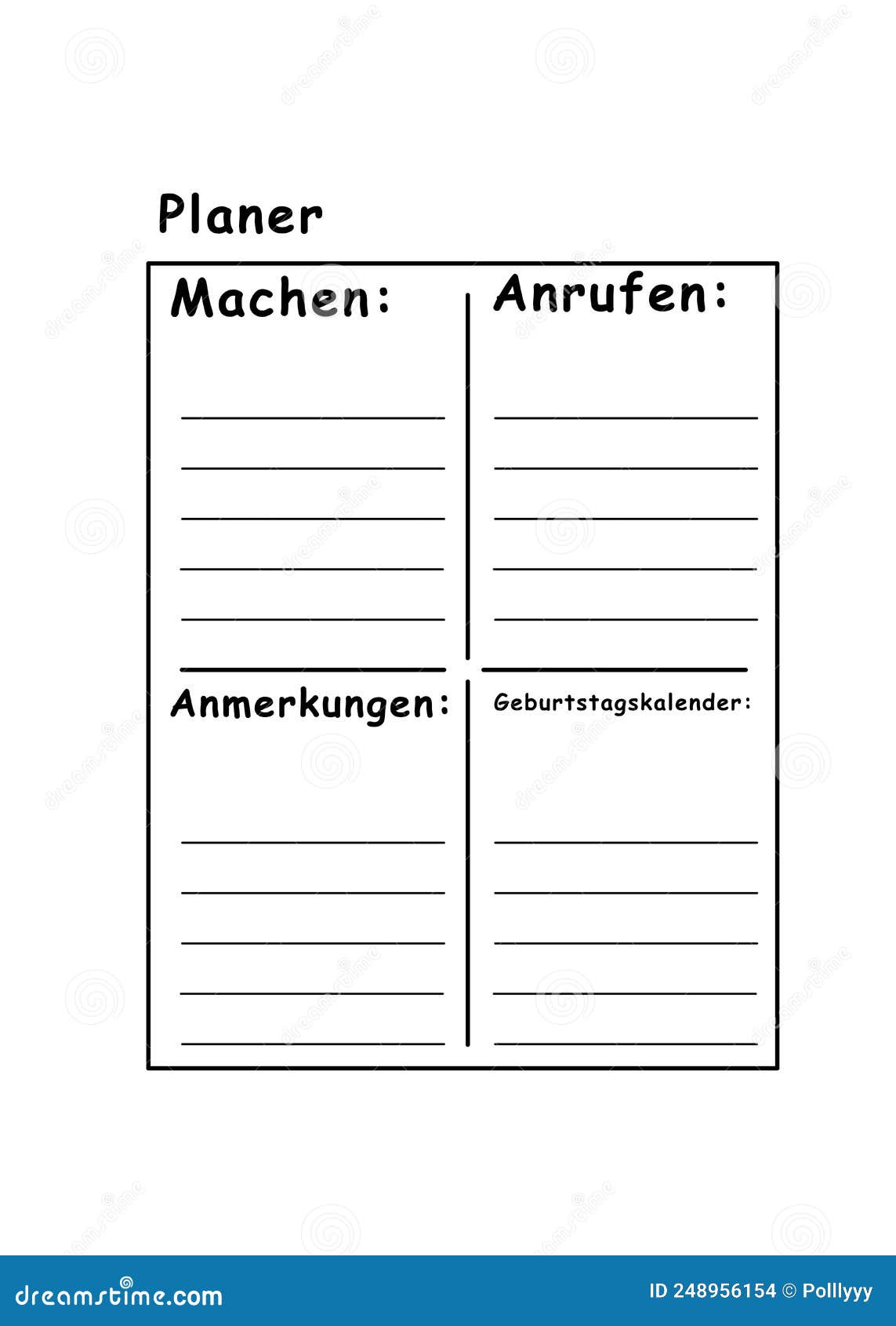 Daily Planner in German, Blank Template. Vector Digital Planner ...