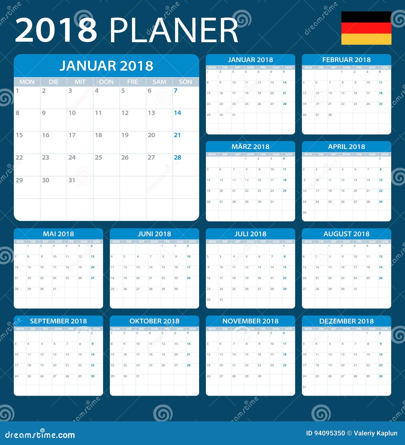 Planner 2018 - German Version Stock Illustration - Illustration of july ...