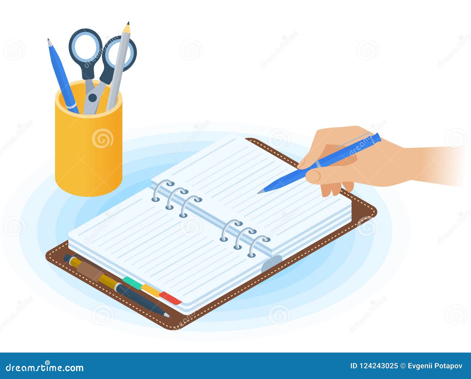 The Planner, Hand with Pen, Desktop Organizer. Flat Isometric Il Stock ...