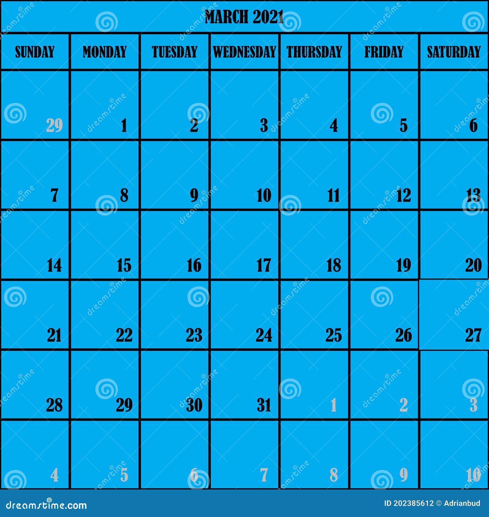 PLANNER MARCH 2021 on BLUE BACKGROUND Stock Vector - Illustration of ...