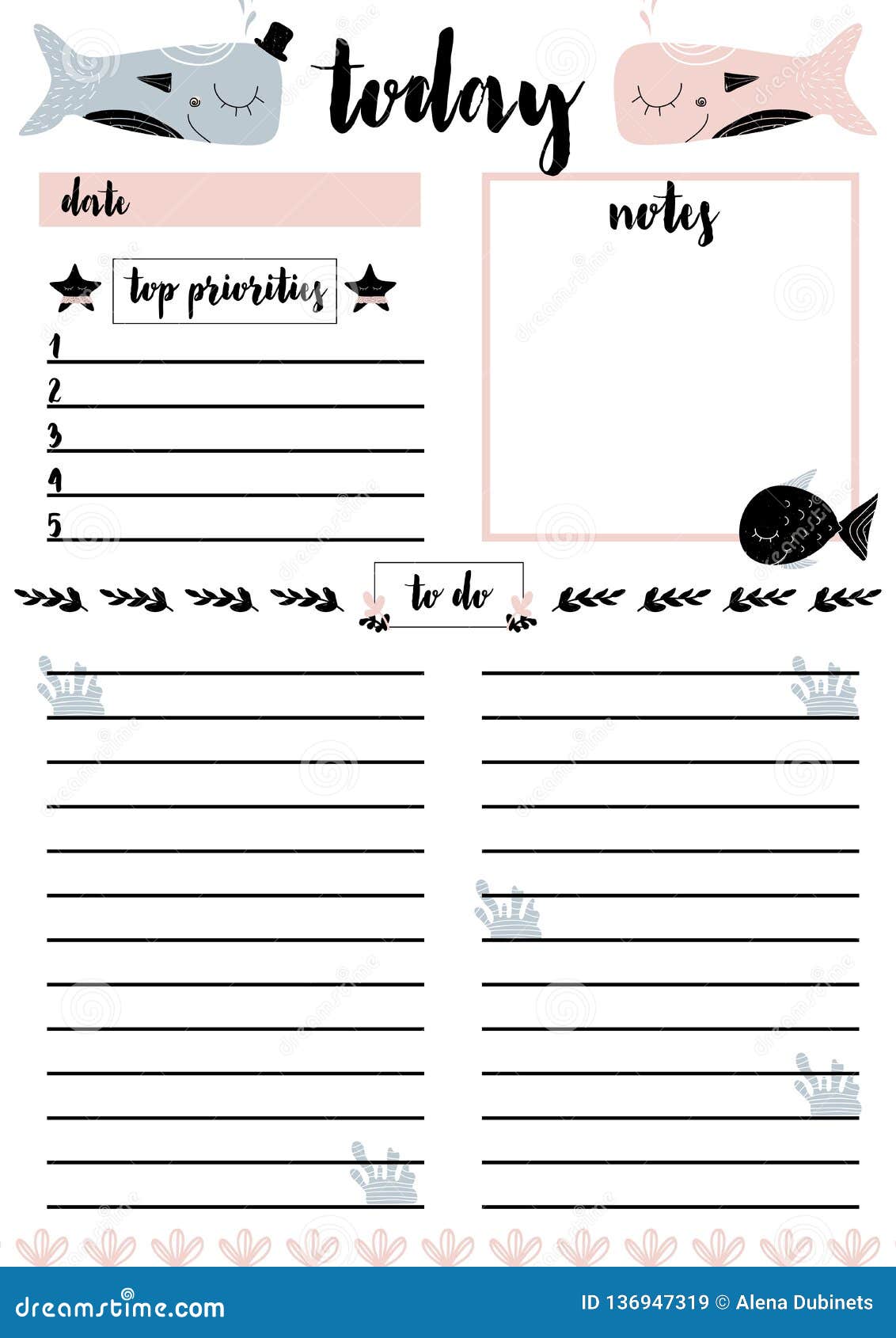 Daily Planner. Organizer and Schedule with Empty Graphs. Handwritten ...