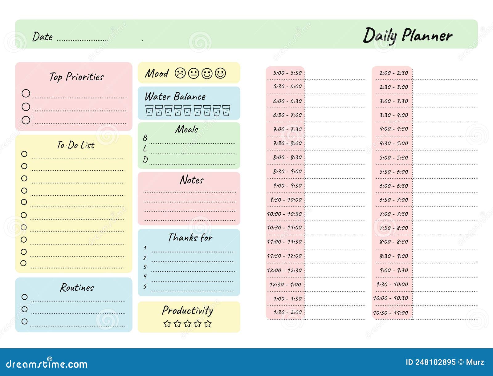 Daily Planner Printable Template Vector. Blank White Notebook Page A4 ...