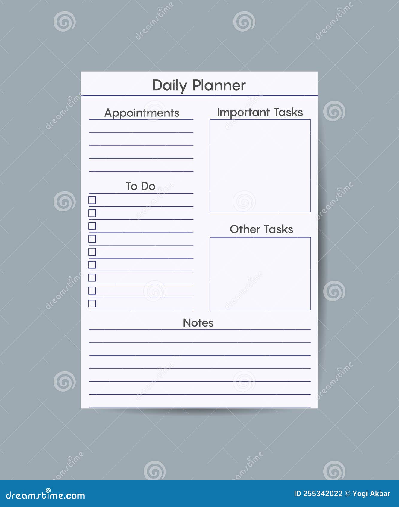 Daily Planner Printable Template Vector. Blank White Notebook Page ...