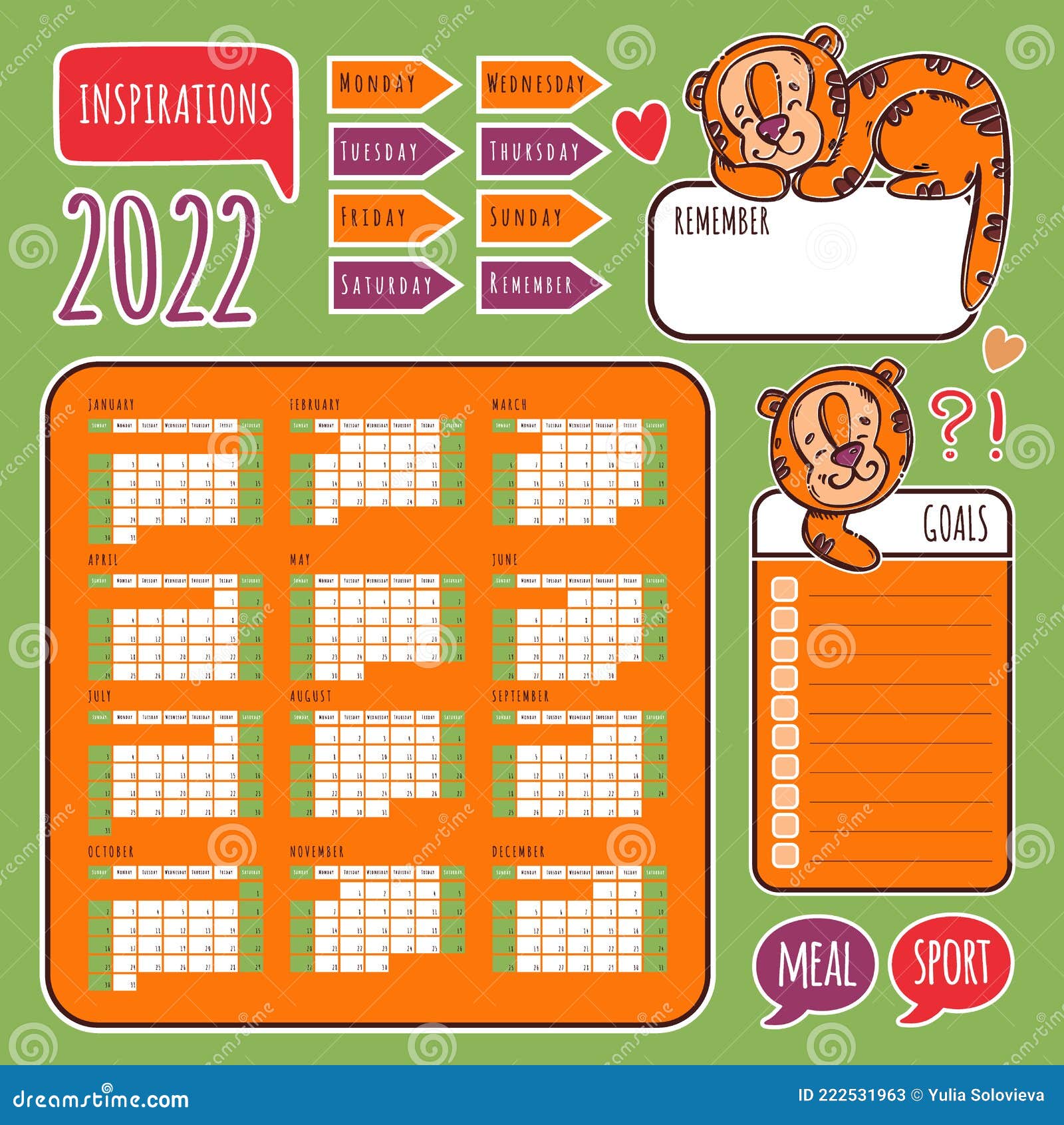 Tiger Calendar Cartoon Printable A4 Vector Illustration ...
