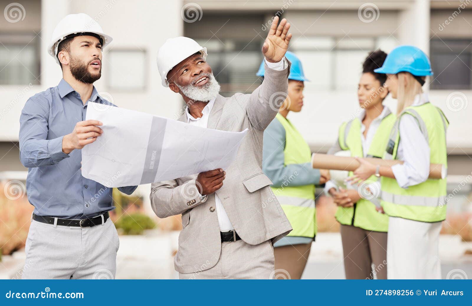 Planning, Architecture and Blueprint with People on Construction Site ...