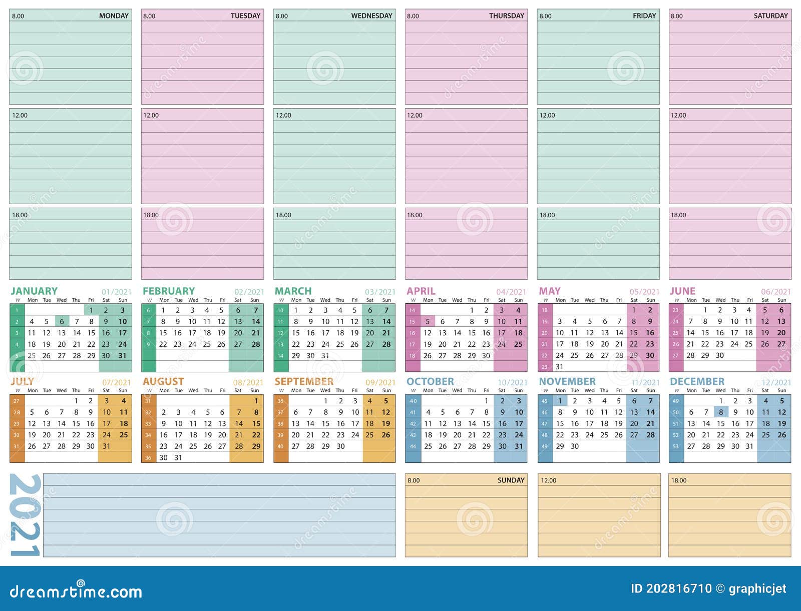 2021 Weekly Planning Calendar Colorful Set Calendar With Week Numbers