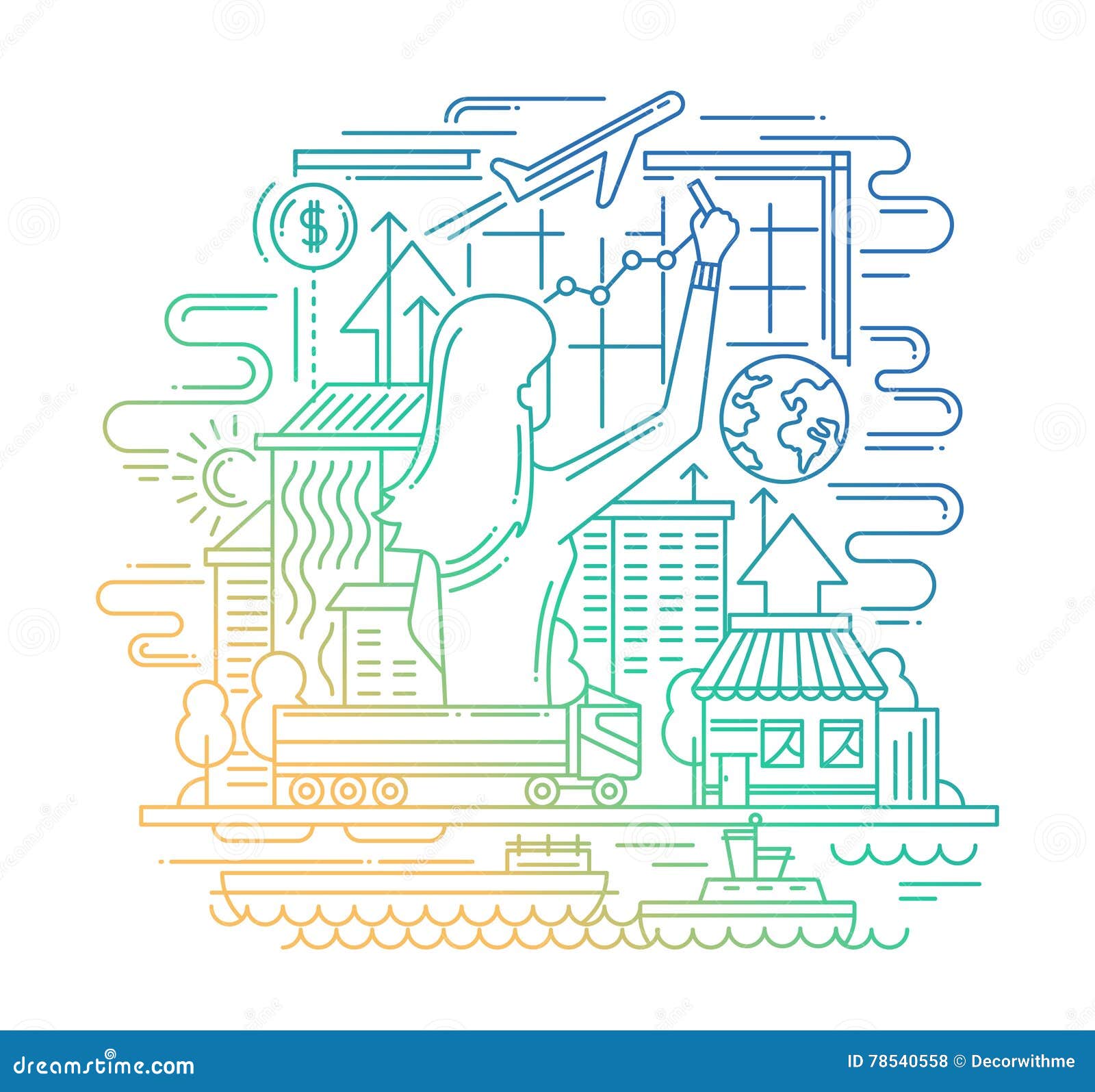 Planning Process Line Flat Design Banner with Woman Drawing Diagram ...