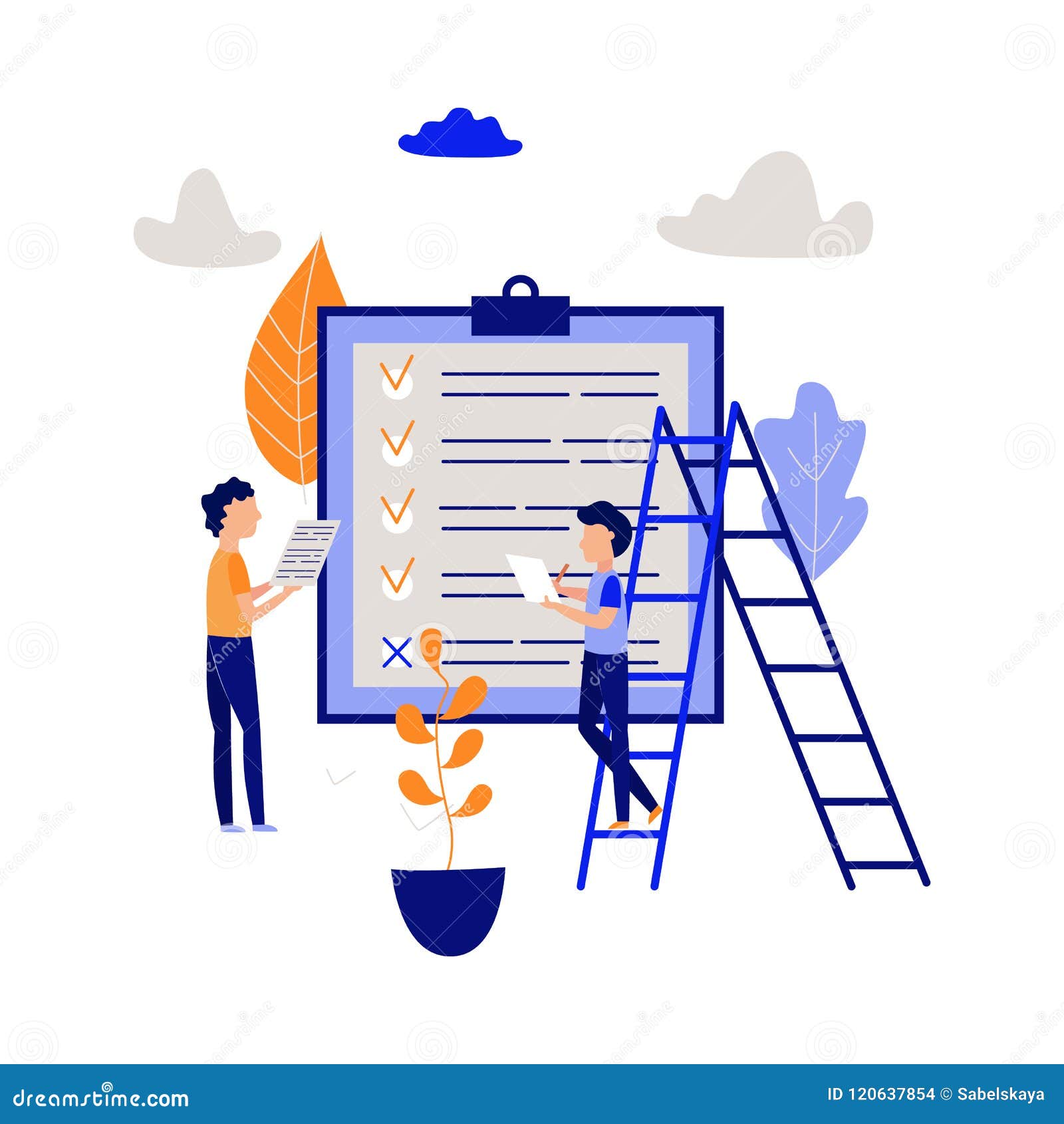 Planning And Time Management Concept With Two Men Pointing Completed Task And Organizing Work