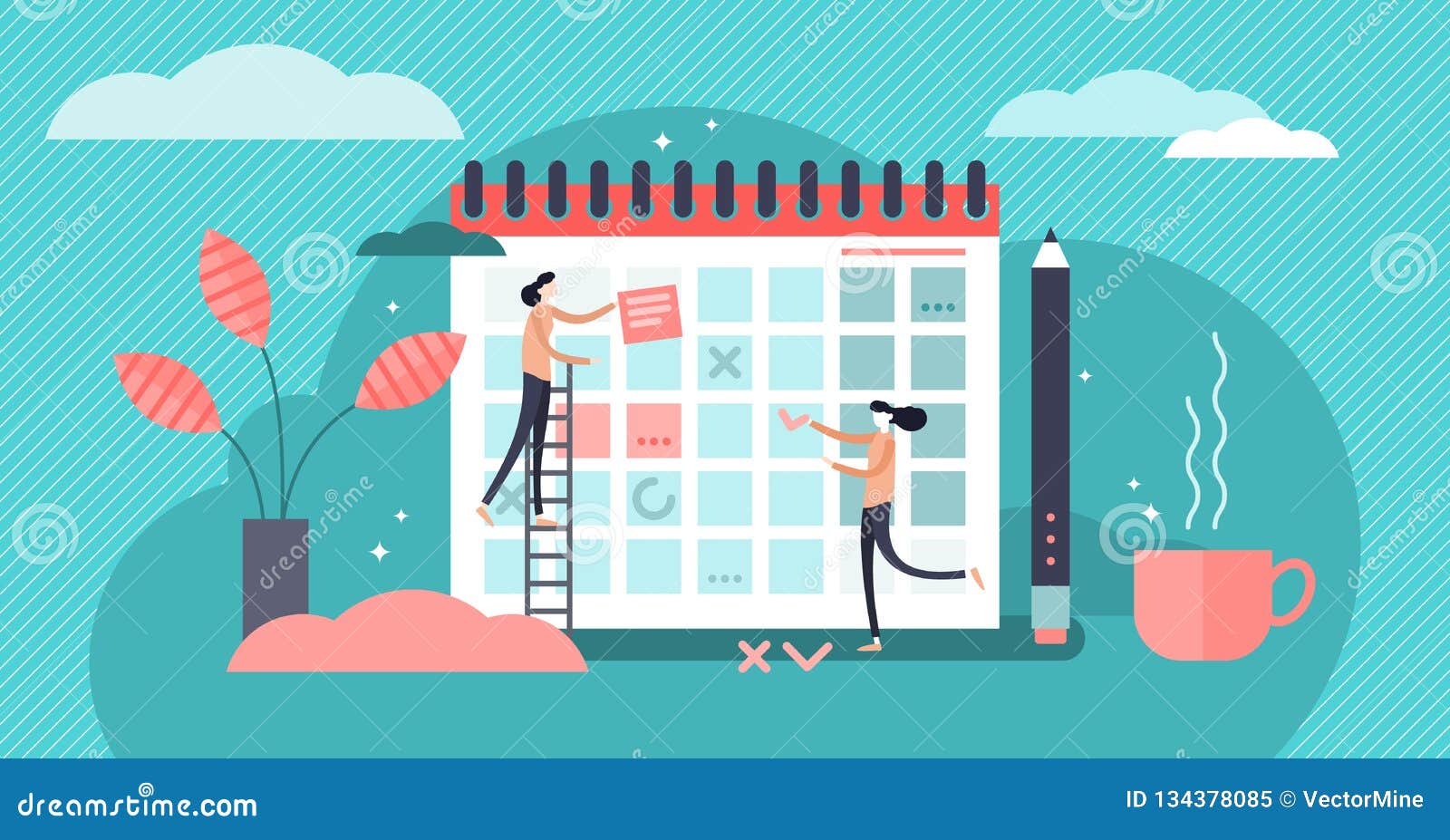 Planning Vector Illustration. Flat Mini Persons Concept Date, Time ...