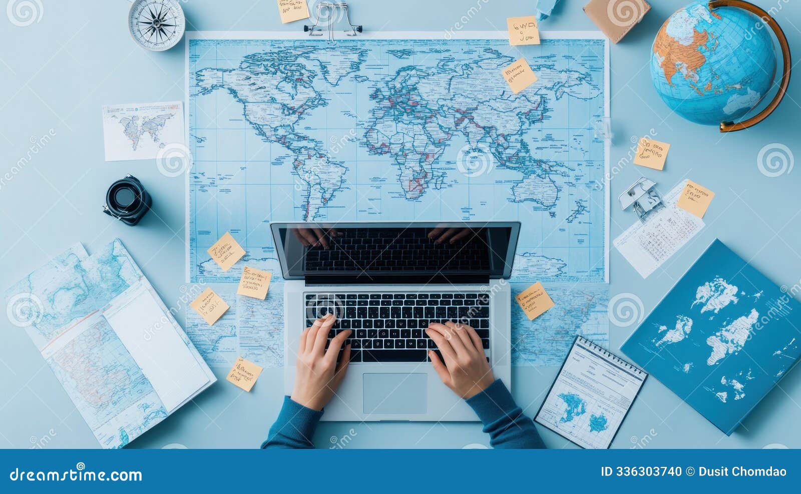Planning World Tour with Laptop on World Map Stock Photo - Image of ...