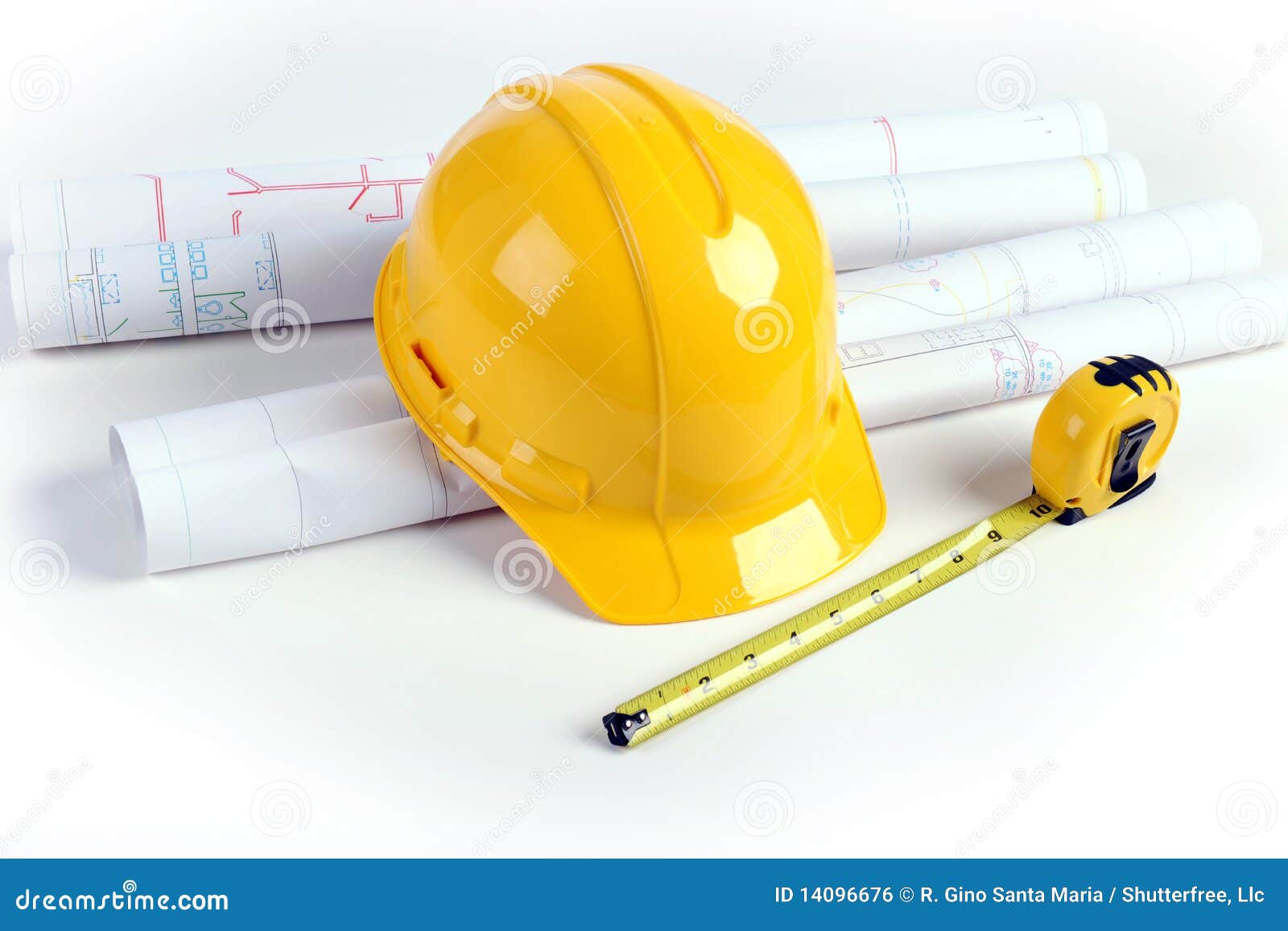 Plans, Hardhat and Measuring Tape Stock Photo - Image of white ...