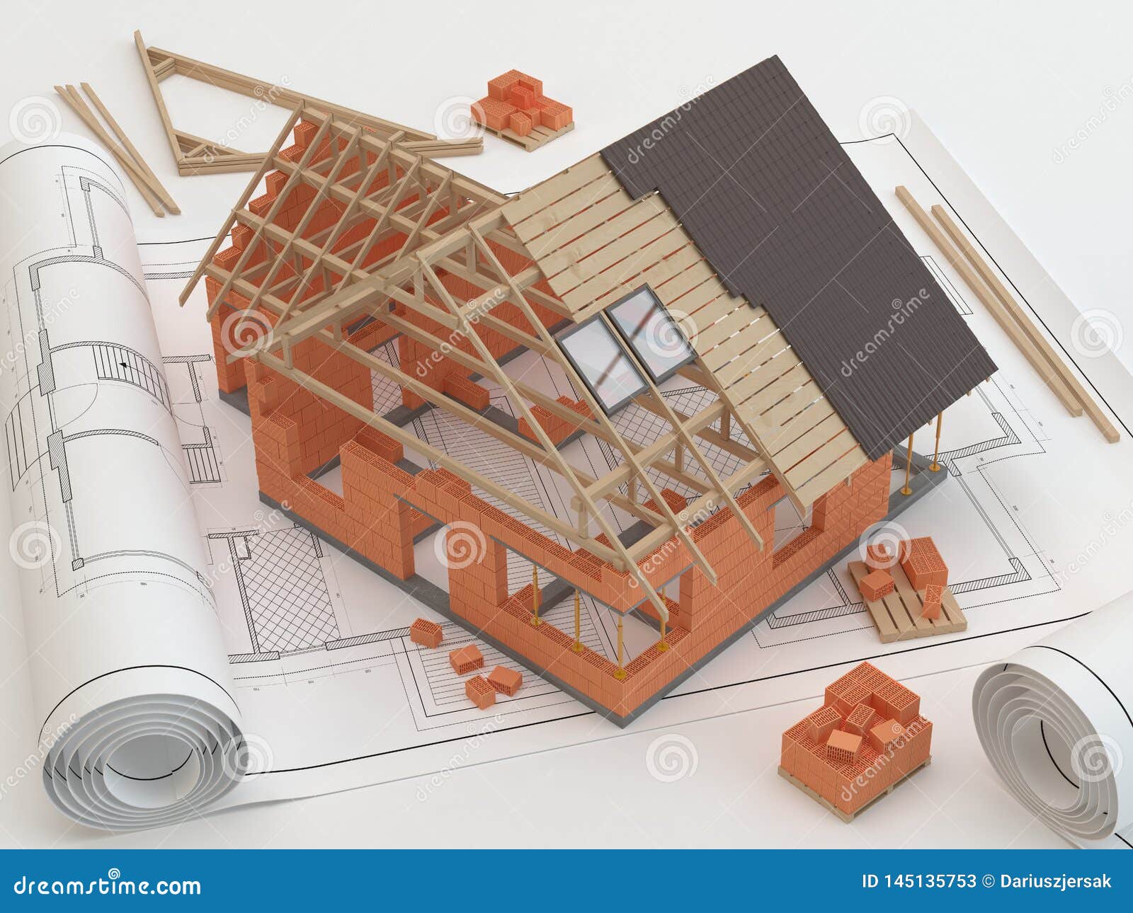 Plans and House, 3D Illustration Stock Illustration - Illustration of ...